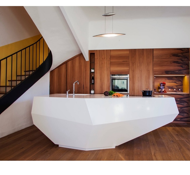 white Quartz top modern kitchen island diamond shaped